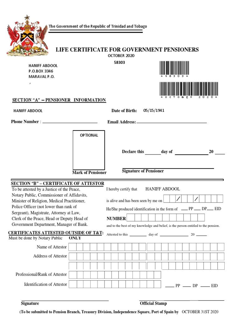 Life Certificate for Trinidad Pensioners | PDF | Justice Of The Peace ...