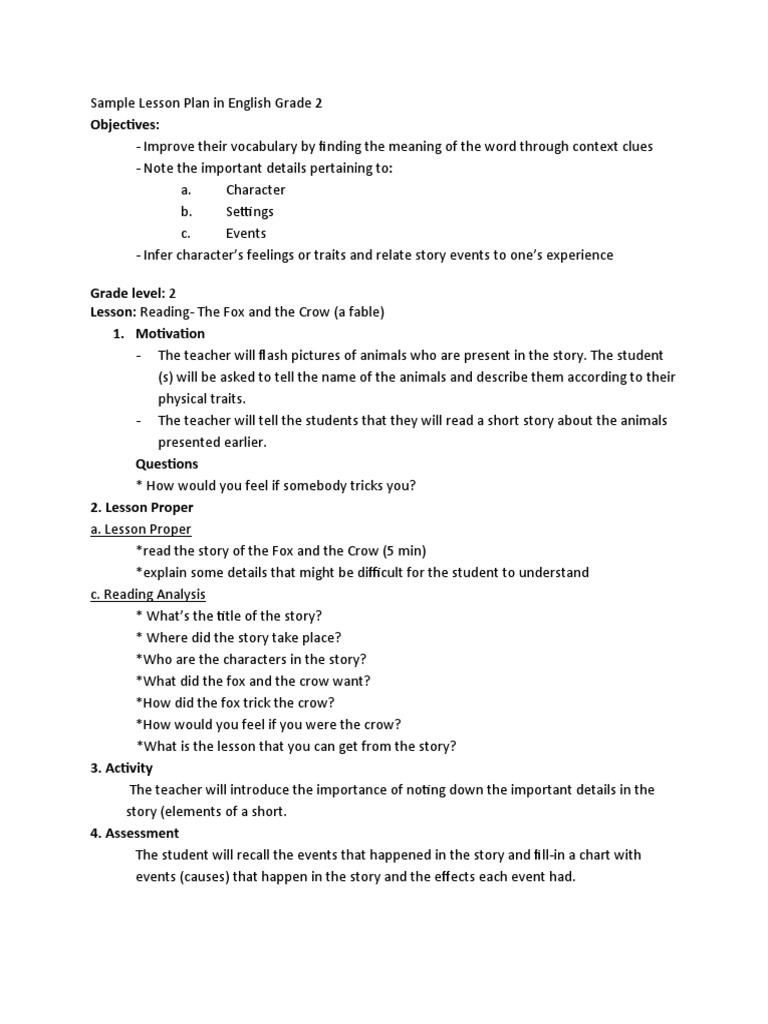 Sample Lesson Plan in English Grade 2 | PDF | Language Arts ...