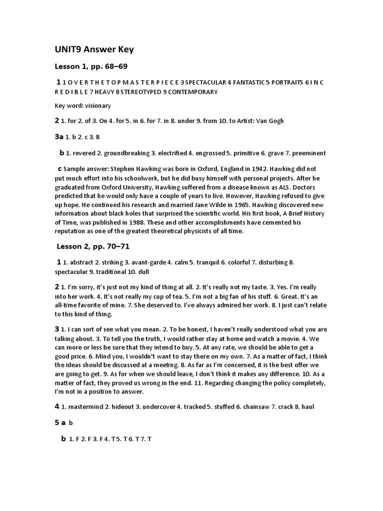 UNIT9 Answer Key: Lesson 1, Pp. 68-69 1 | PDF | Stephen Hawking