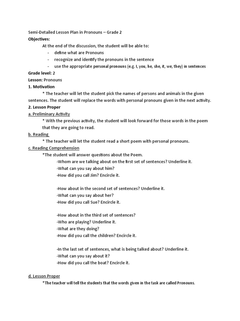Semi Detailed Lesson Plan For Pronouns Grade 2 Pdf