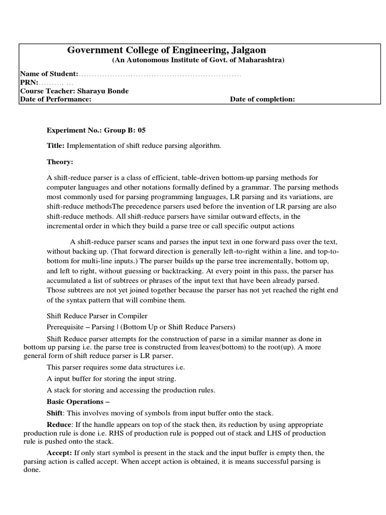 CC Manual - Shift Reduce Parser PDF | PDF | Parsing | Implementation