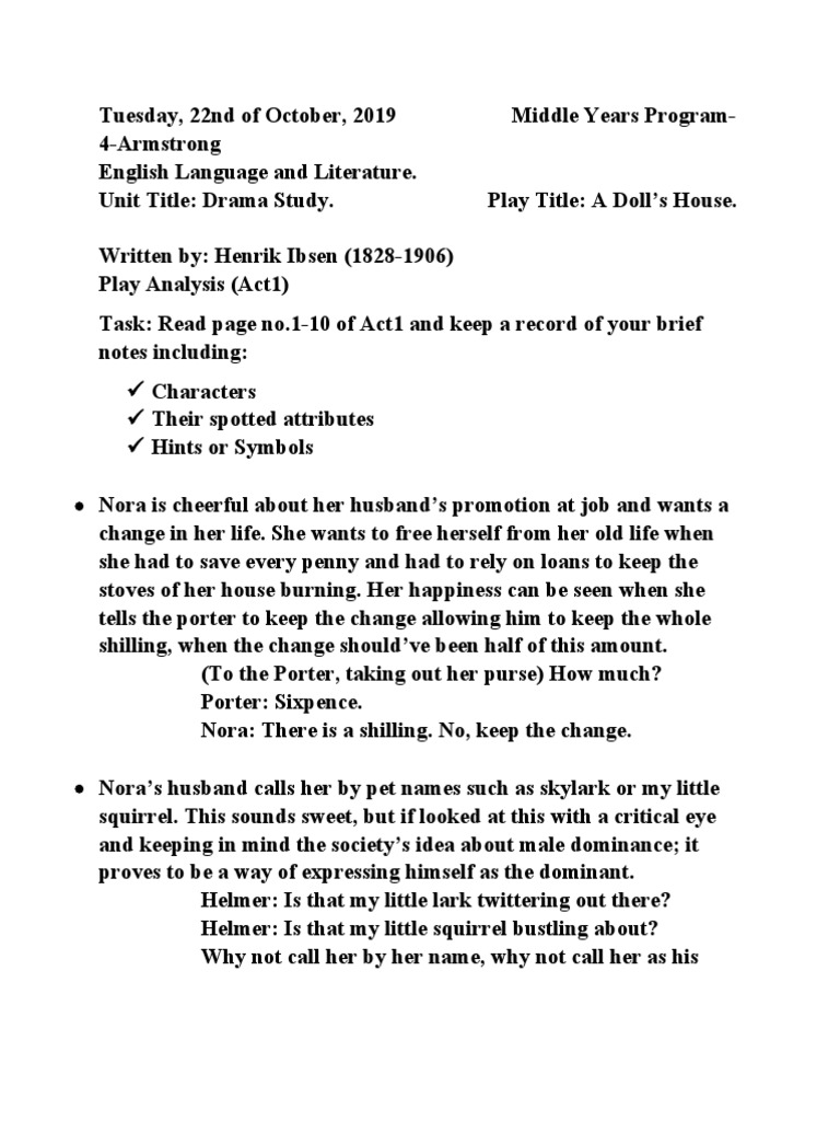 Act 1 Analysis of A Doll's House | PDF | A Doll's House
