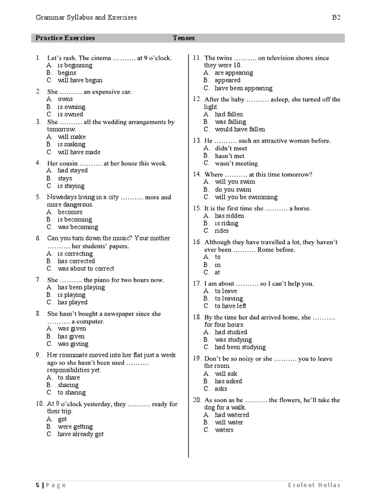 Grammar Syllabus and Exercises B2 Practice Exercises Tenses: Esolnet ...