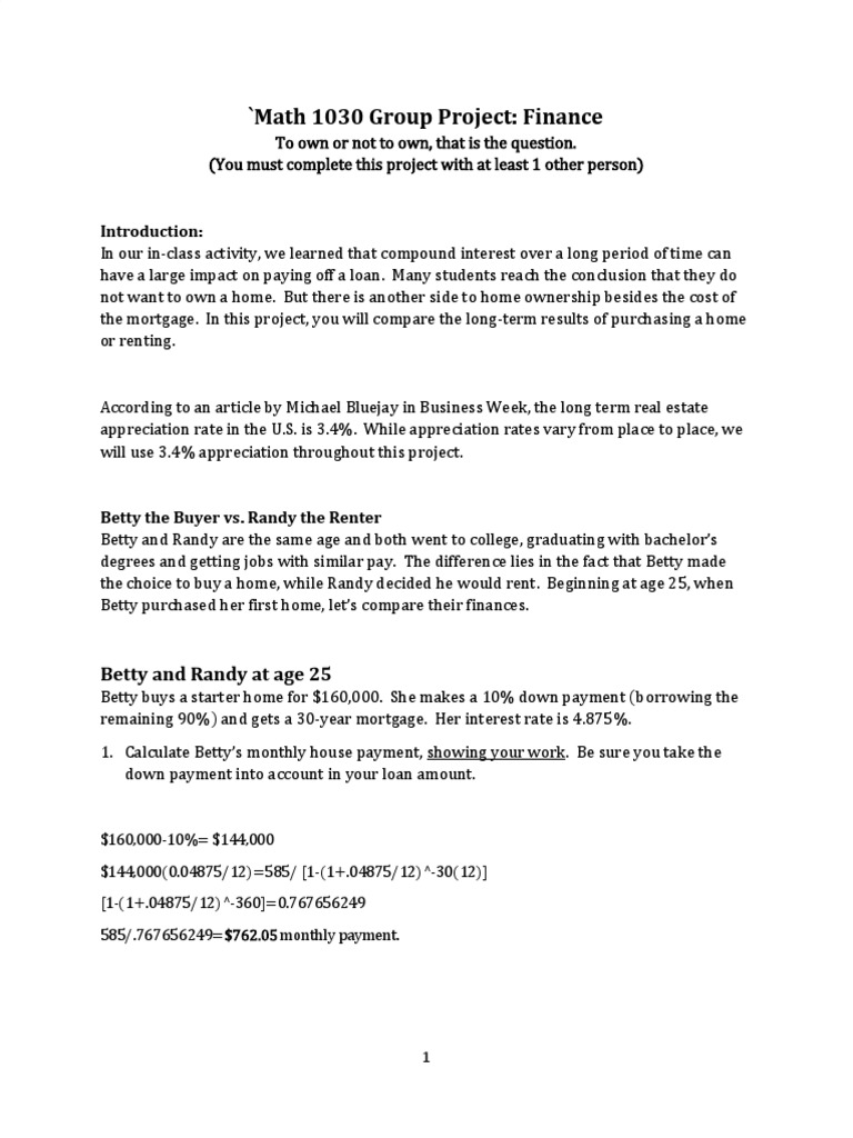 Math 1030 Buy Vs Rent Finance Project | PDF | Mortgage Loan | Down Payment