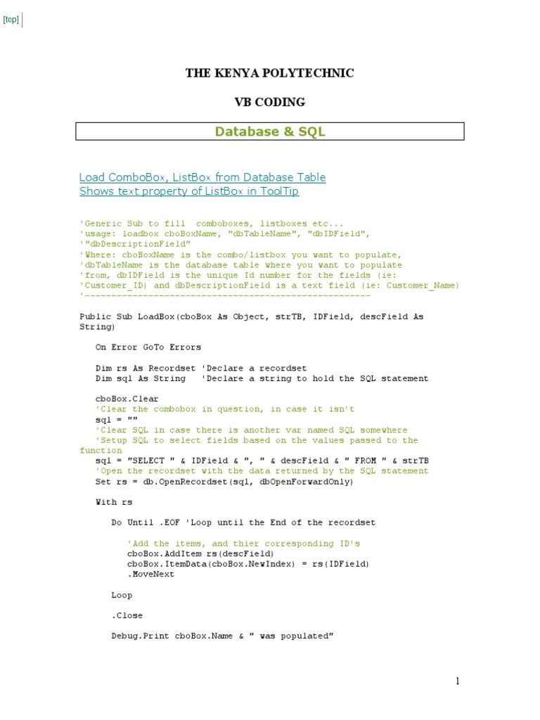 Vb Coding Database And Sql Pdf Sql Data Management 6011
