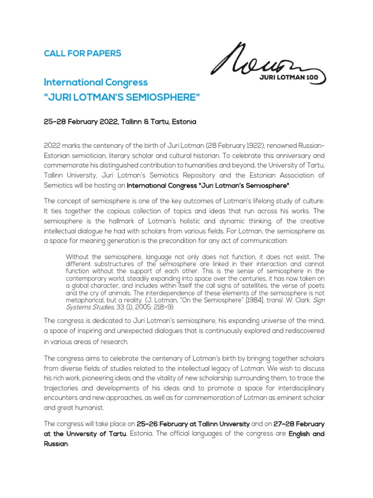 International Congress "Juri Lotman'S Semiosphere": Call For Papers | PDF