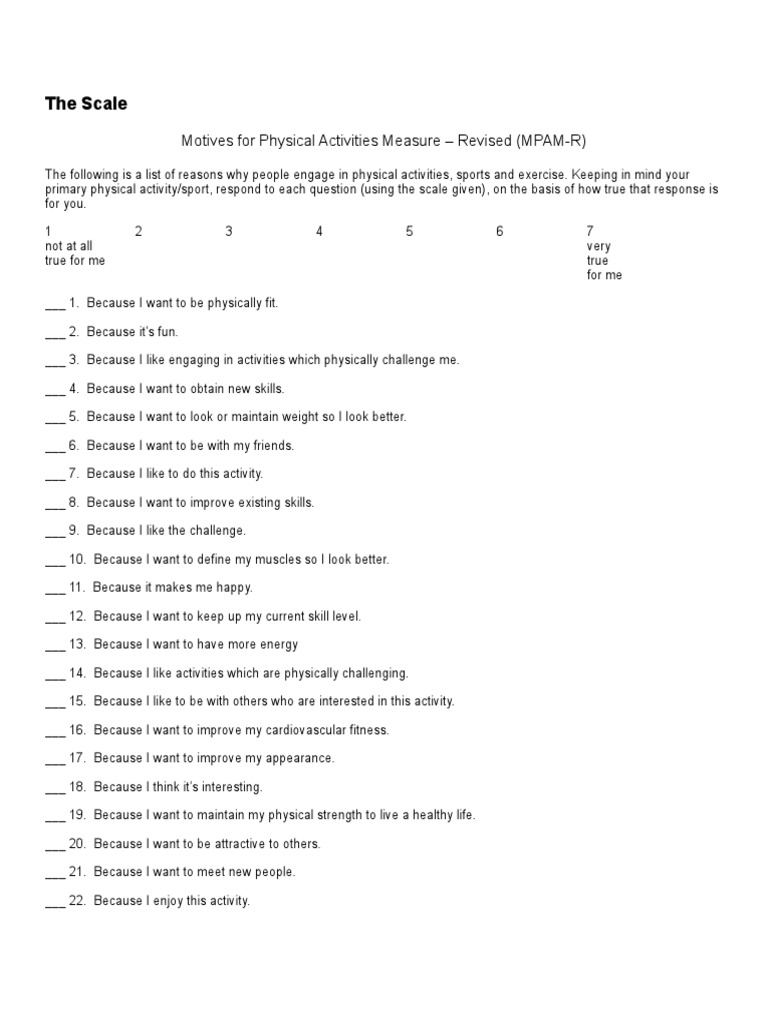 The Scale: Motives For Physical Activities Measure - Revised (MPAM-R ...