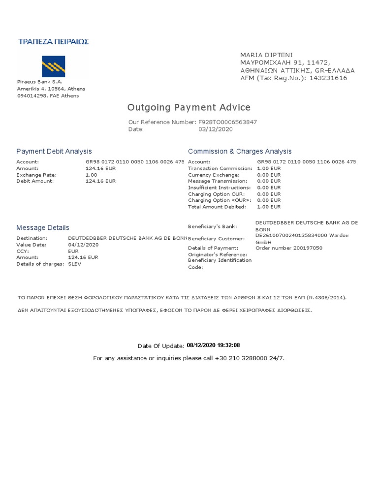 Outgoing Payment Advice: Payment Debit Analysis Commission & Charges ...