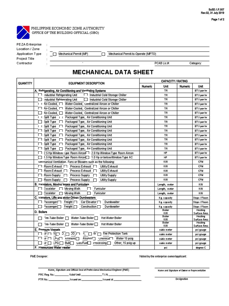Mechanical Data Sheet: Philippine Economic Zone Authority | PDF | Air ...