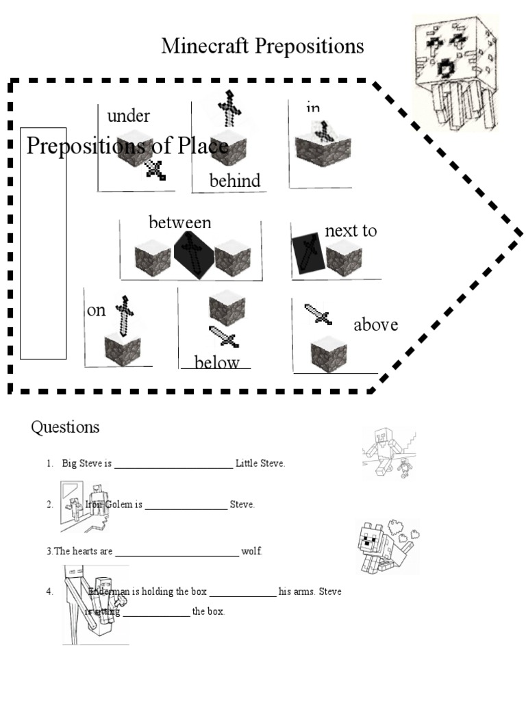 Minecraft Prepositions of Place Grammar Drills - 115564 | PDF