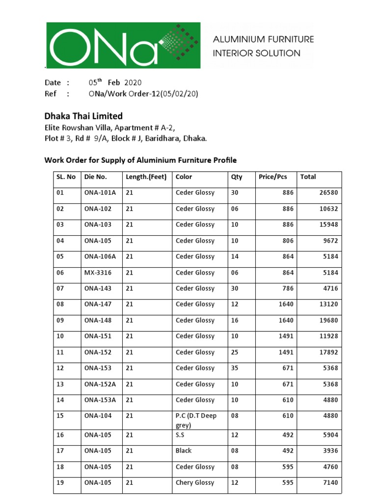 Dhaka Thai Limited: - Date: 05 Feb 2020 Ref: Ona/Work Order-12 (05/02 ...
