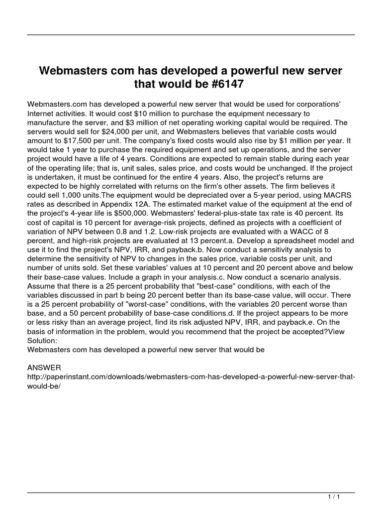 Webmasters Com Has Developed A Powerful New Server That Would Be | PDF | Net Present Value ...