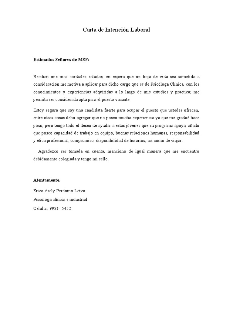 Carta De Intencion Para Trabajo