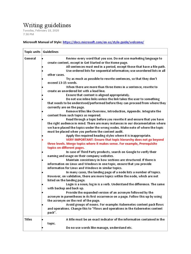 Writing Guidelines: Microsoft Manual of Style: Topic Units Guidelines ...