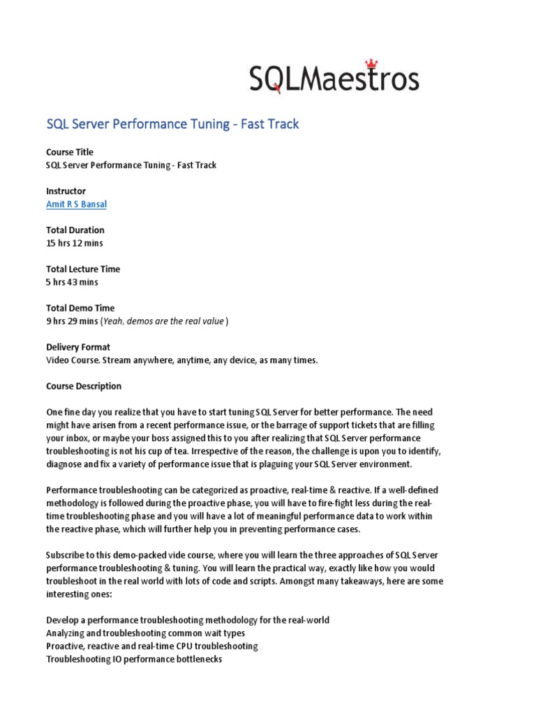 SQL Server Performance Tuning - Fast Track: A Comprehensive Video Course on SQL Server ...