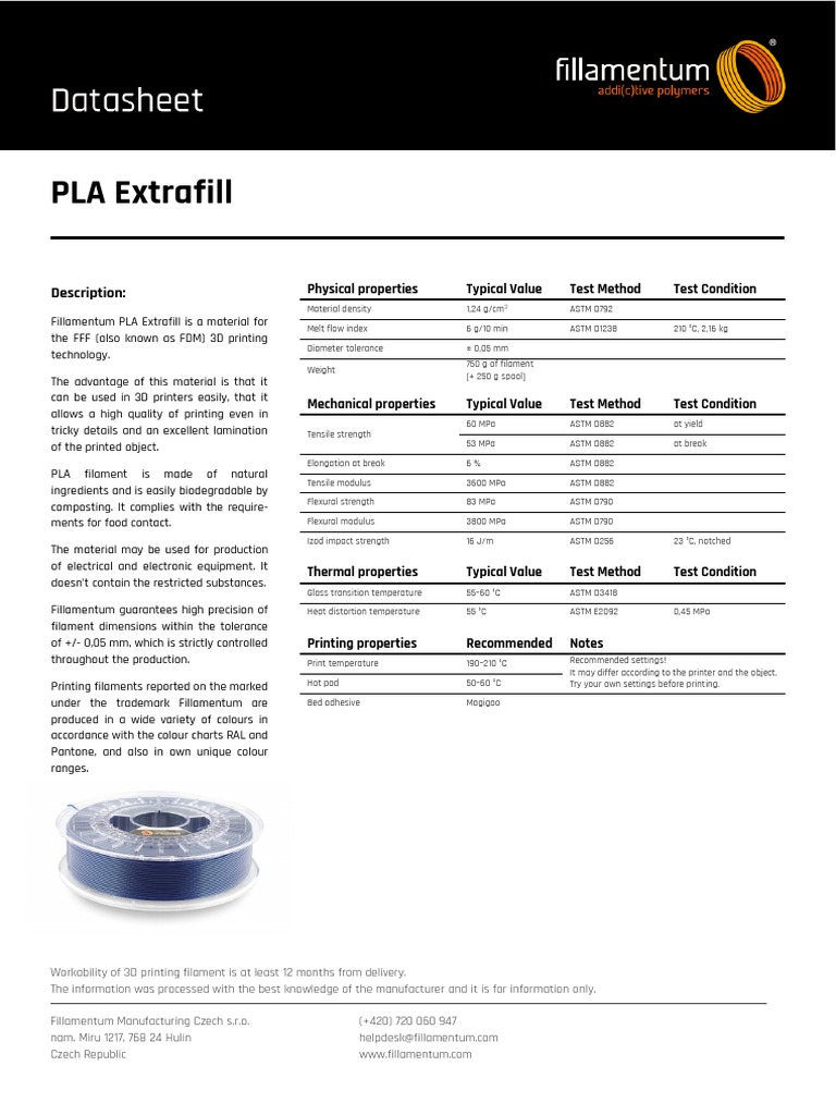 Technical Data Sheet - PLA Extrafill - 03012019 | PDF | 3 D Printing ...