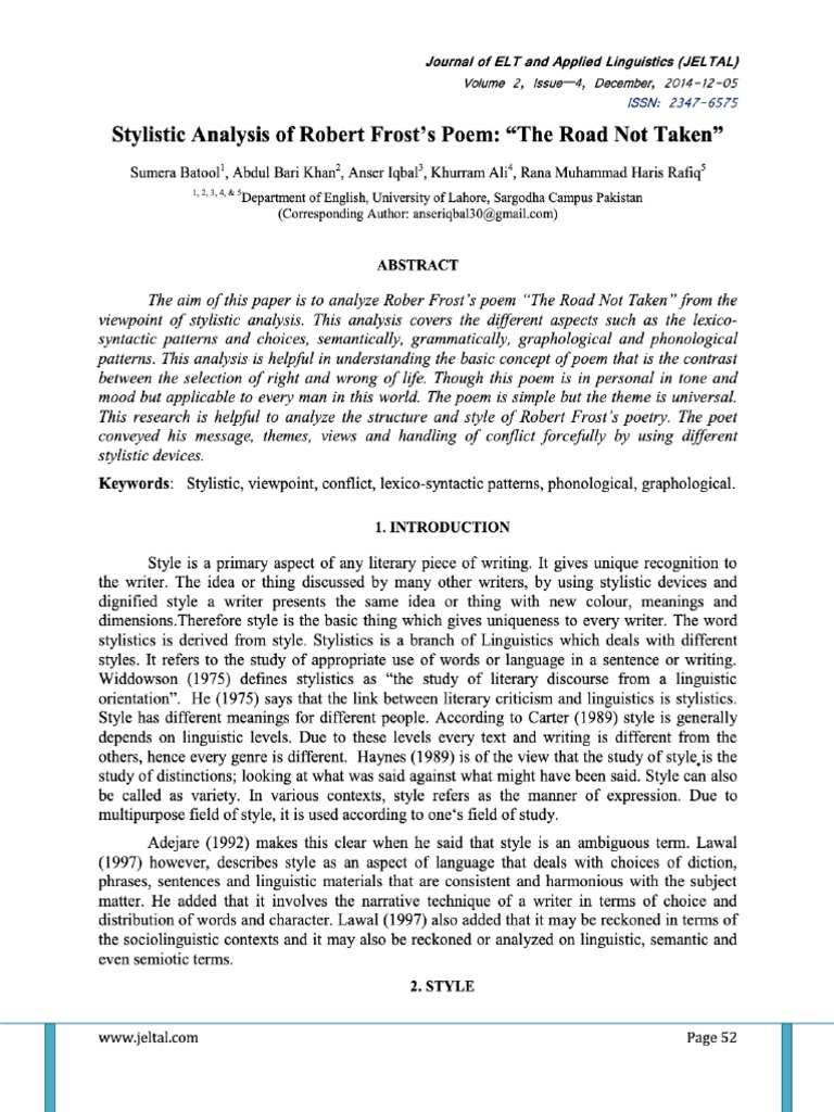Stylistic Analysis of Robert Frost's Poem: "The Road Not Taken" PDF | PDF