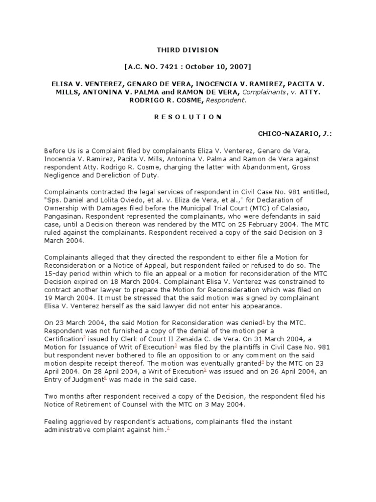 Case19 Venterez Vs Atty Rodrigo Cosme AC No. 7421 | PDF | Lawyer ...