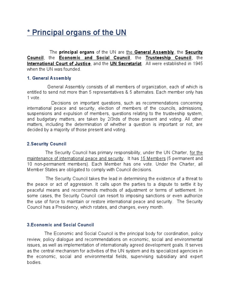 Six Principal Organs of the UN | PDF | United Nations General Assembly ...
