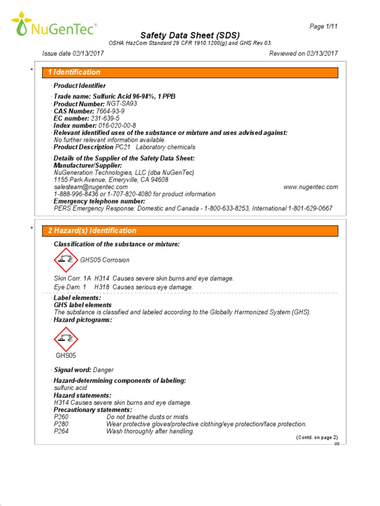 Safety Data Sheet (SDS) : 1 Identification | PDF | Dangerous Goods ...