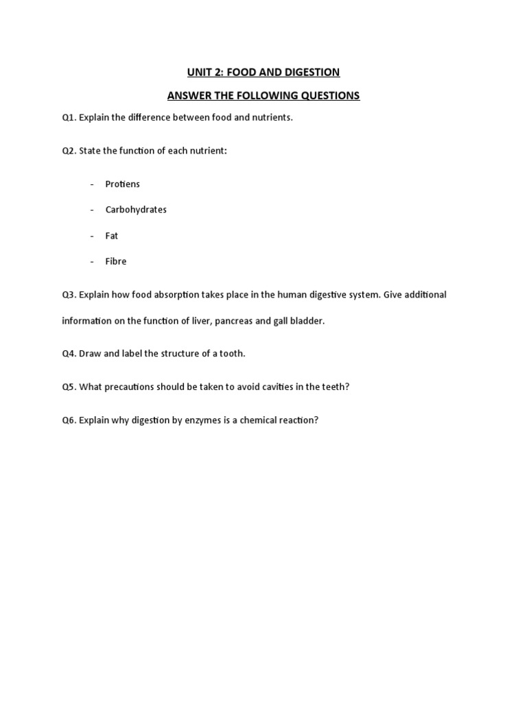 Unit 2: Food and Digestion Answer The Following Questions | PDF