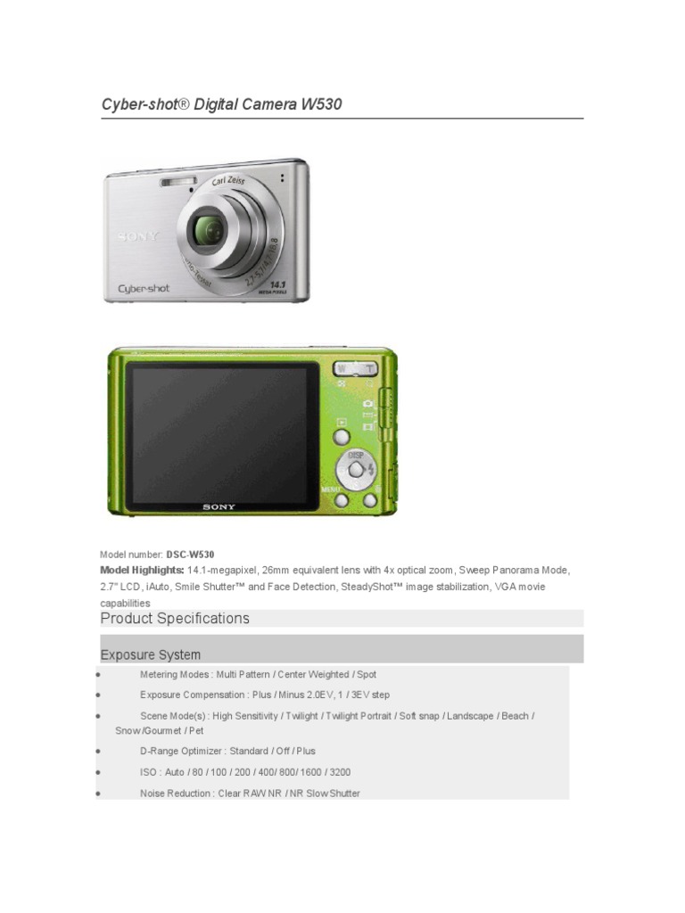 Sony W530 Specification | PDF | Zoom Lens | Pixel