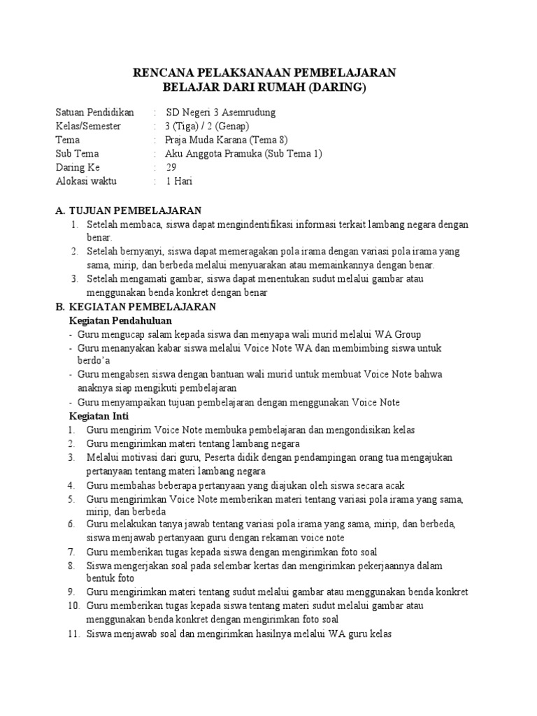 RPP Daring Kelas 3 Tema 8 | PDF | Karier & Perkembangan | Seni & Disiplin Bahasa