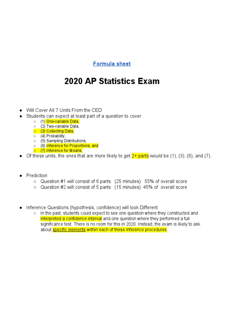 2020 AP Statistics Exam: Formula Sheet | PDF | P Value | Mean