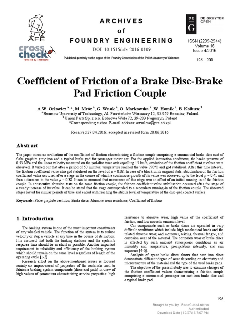 Coefficient of Friction of A Brake Disc-Brake Pad Friction Couple | PDF ...