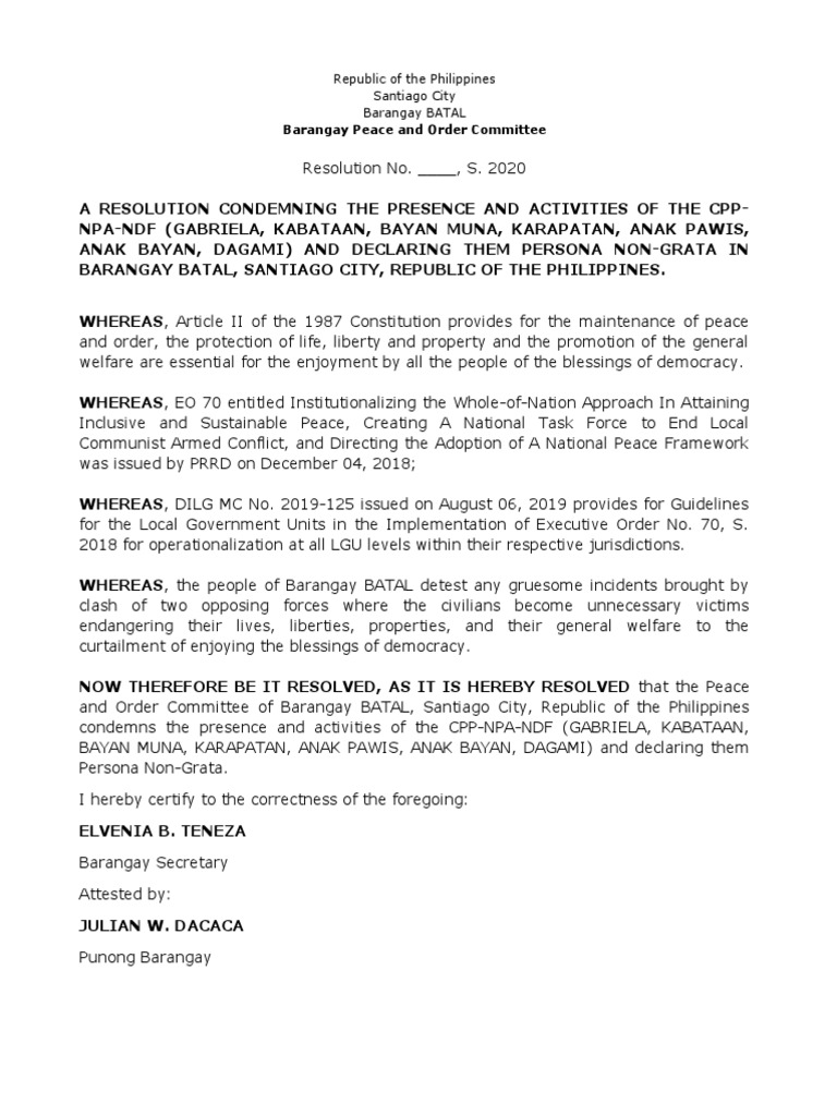 Resolution Declaring CPP-NPA-NDF Persona Non-Grata | PDF