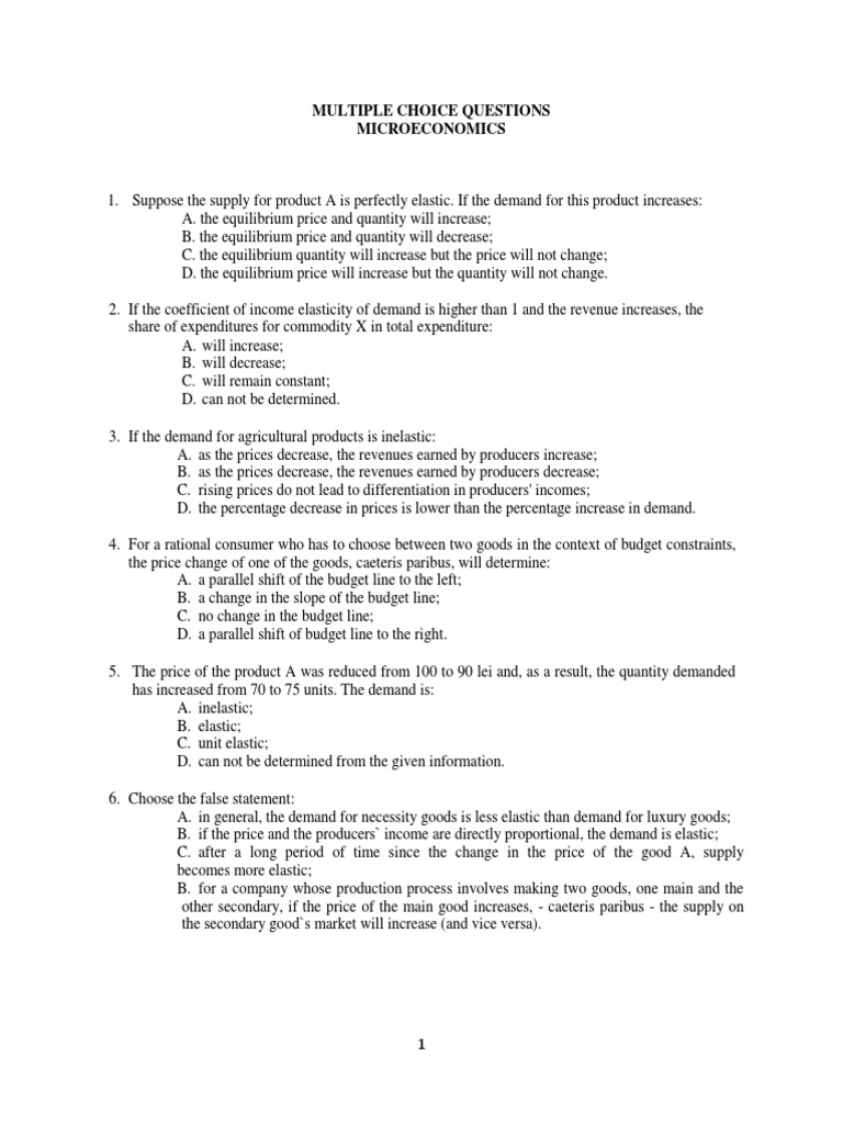 Multiple Choice Questions Microeconomics | PDF | Demand | Elasticity ...