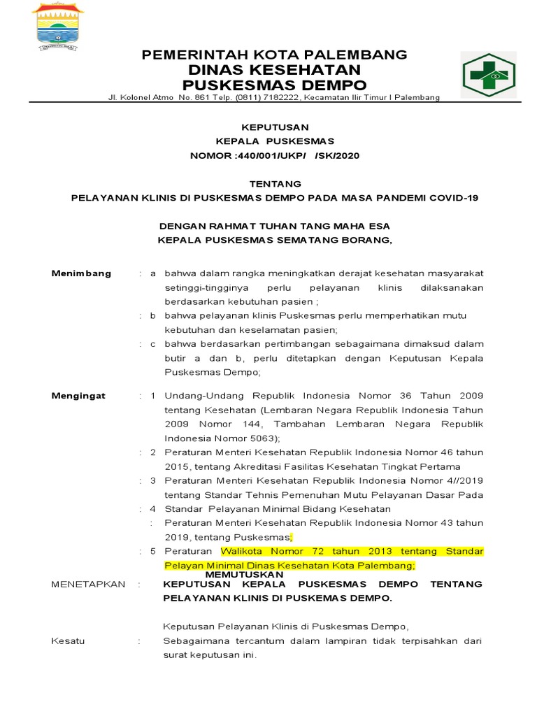 7.1.1.1.SK Pelayanan Klinis Masa Pandemi | PDF