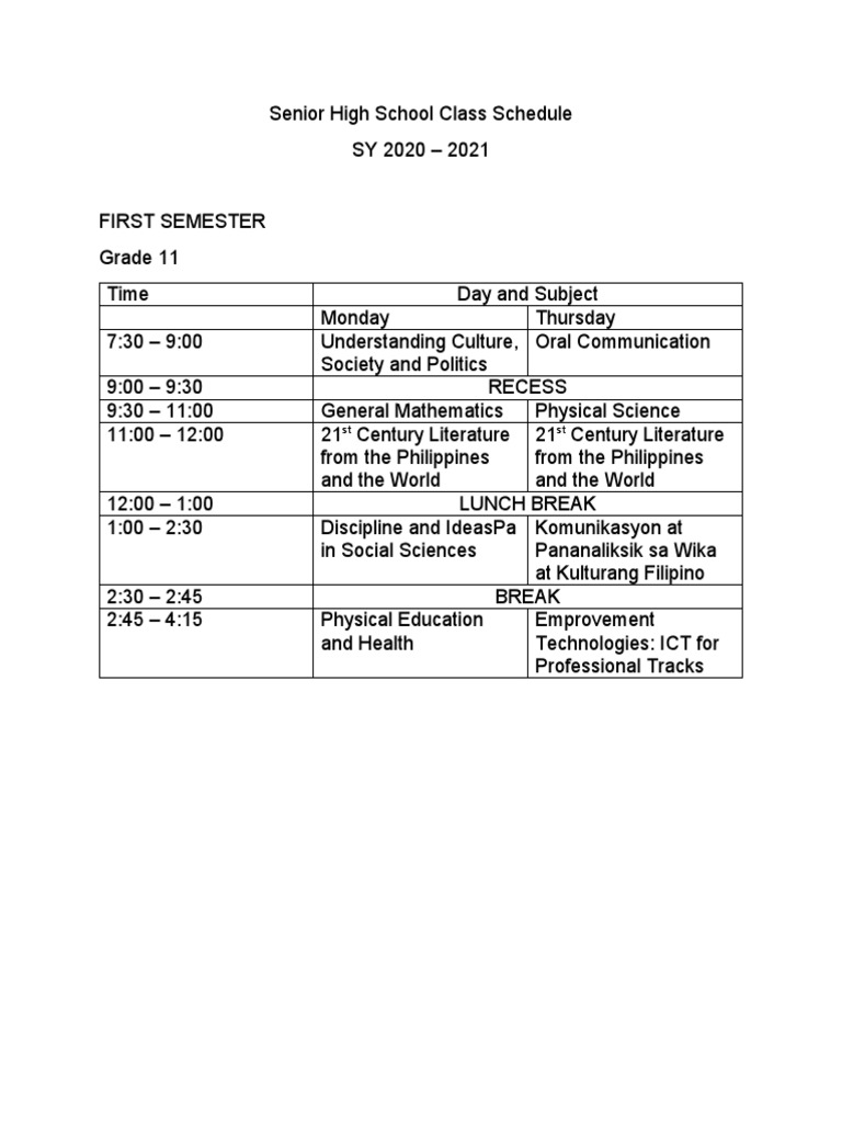 Senior High School Class Schedule | PDF