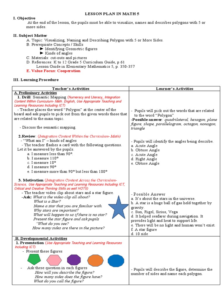 Cot 3q Polygon Lesson Plan In Math 5 Pdf Curriculum Educational