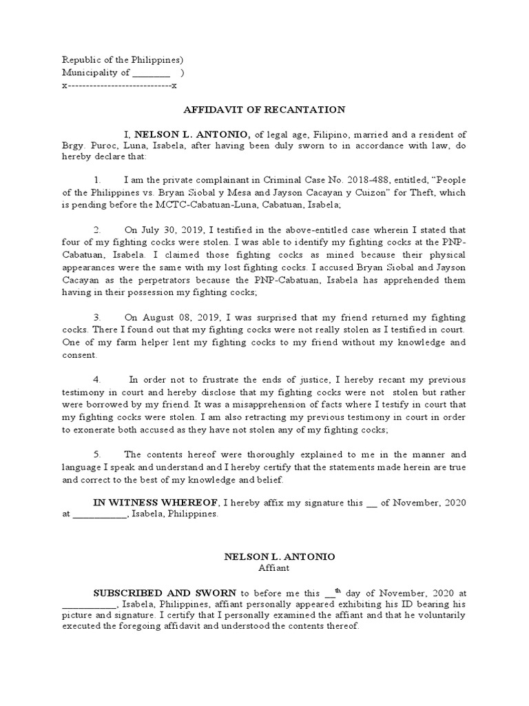 Affidavit of Recantation - Siobal Case | PDF | Affidavit | Testimony
