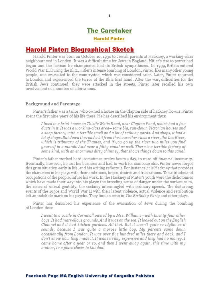 Harold Pinter: Biographical Sketch: The Caretaker | PDF | Theatre ...
