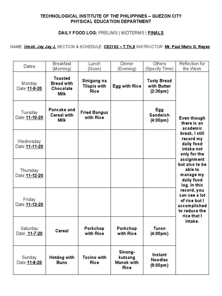 Food Log 5 & Physical Activity 5 | PDF | Western Cuisine | Regional ...