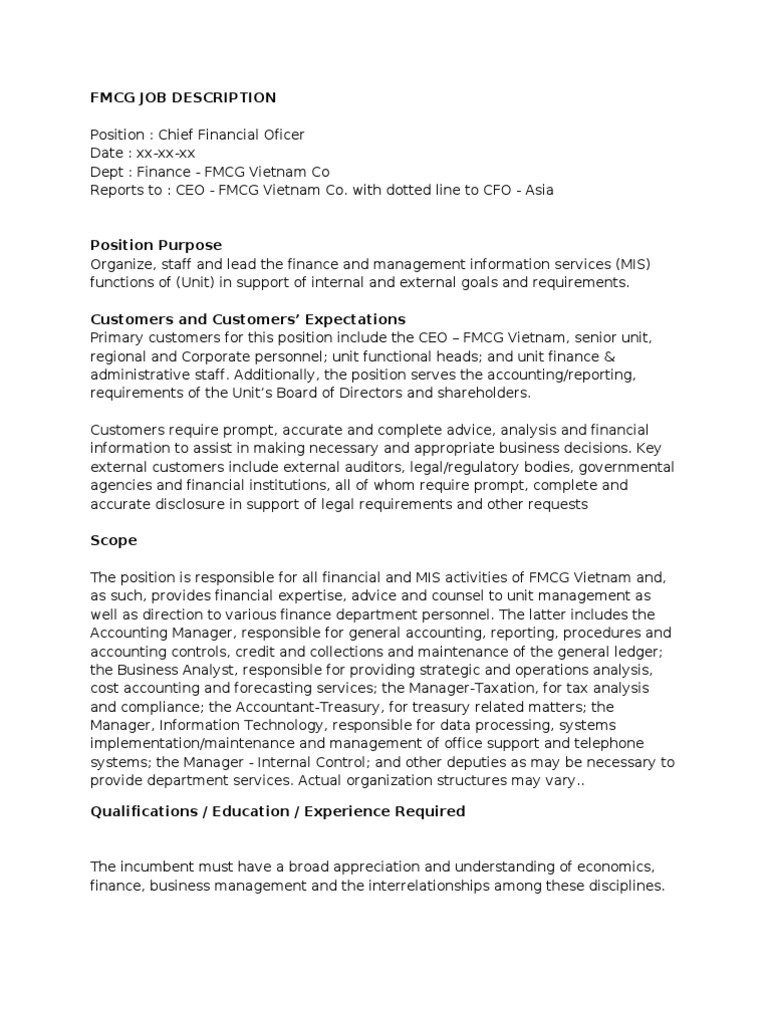 FMCG - Cfo Job Description | Chief Financial Officer | Accounting