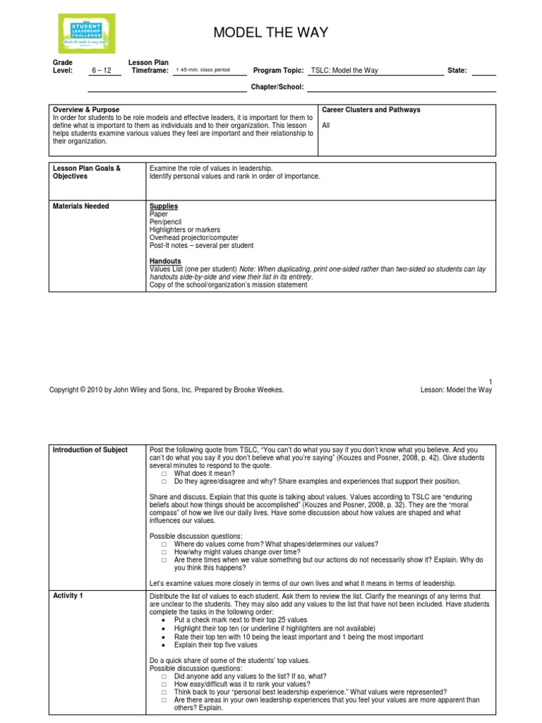 Model The Way: Grade Level: Lesson Plan Timeframe: Program Topic: State ...