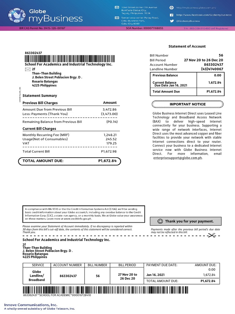 Sample of Globe Proof of Billing | PDF | Internet Access | Internet