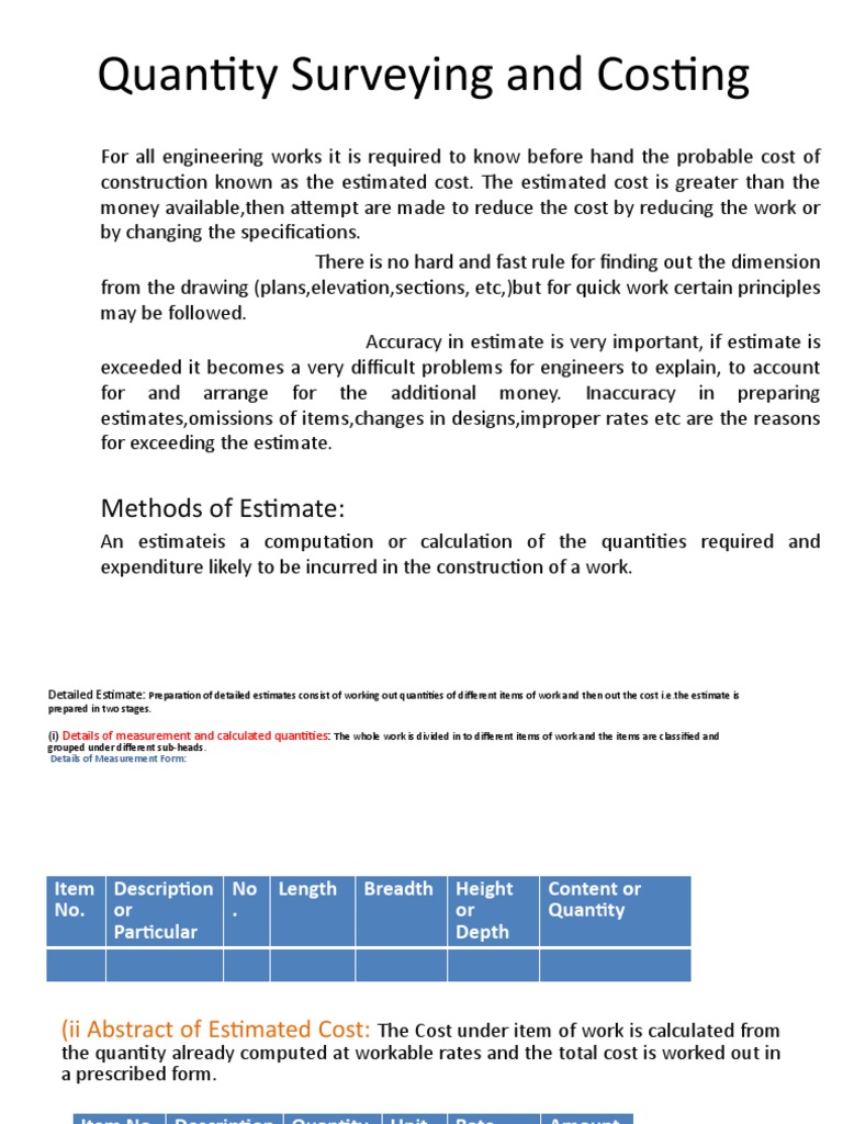 Quantity Surveying Cost Estimation Guide | PDF | Surveying | Quantity