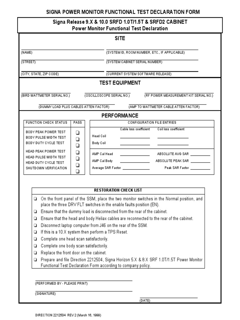 Signa Power Monitor Functional Test Declaration Form Signa Release 9.X ...