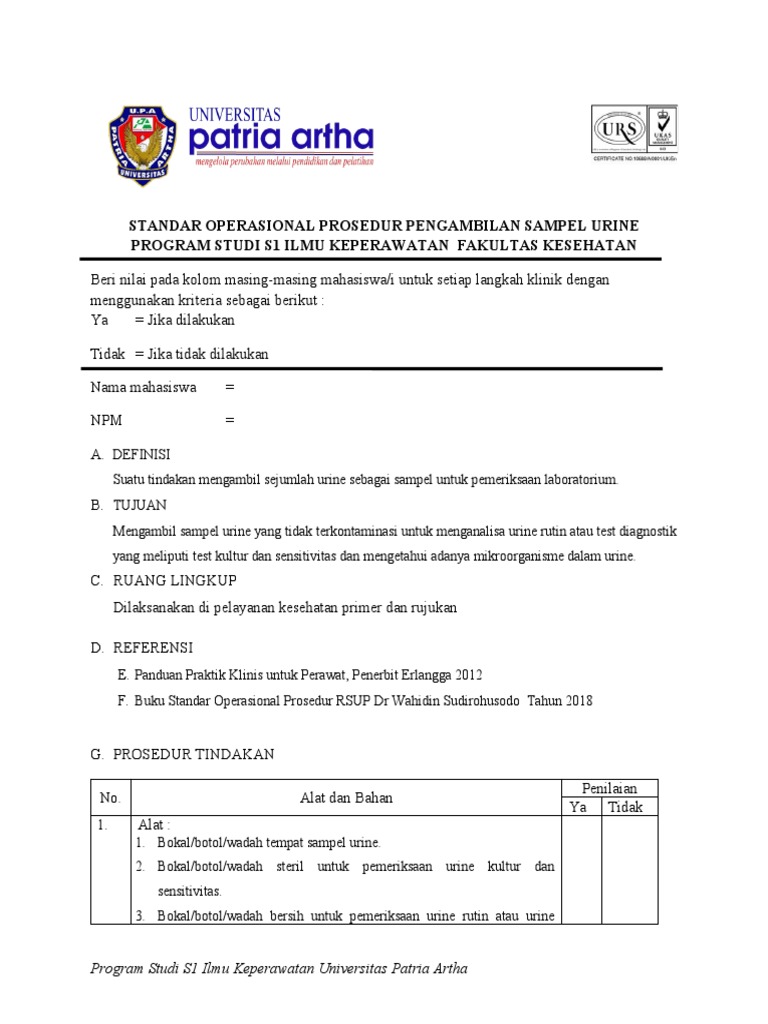 Sop Pengambilan Urine | PDF | Sains & Matematika