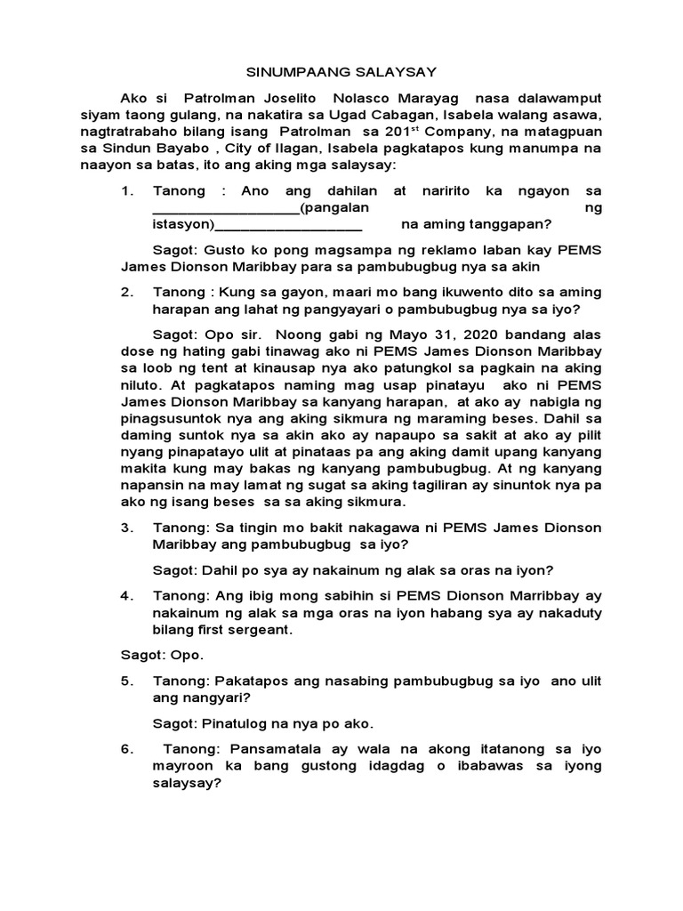 Tagalog Sinumpaang Salaysay | PDF