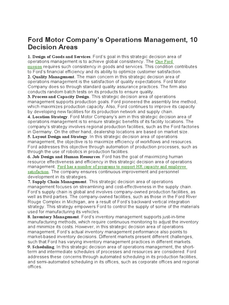 Ford Motor Company's Operations Management, 10 Decision Areas | PDF