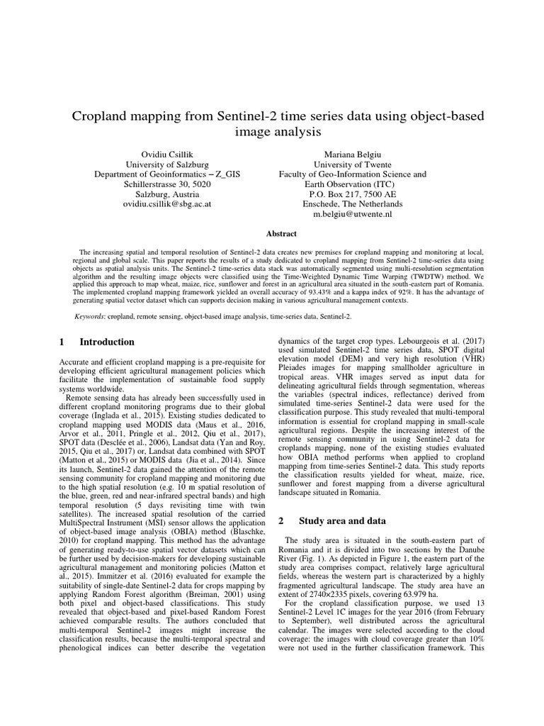 Cropland Mapping From Sentinel 2 Time Series Data Using Object Based Pdf Image Segmentation