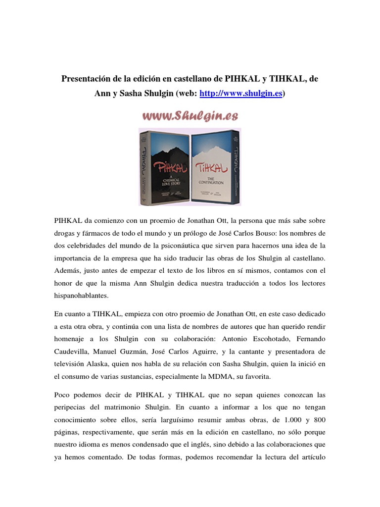 Presentacion de La Edicion en Castellano de PIHKAL y TIHKAL | PDF ...