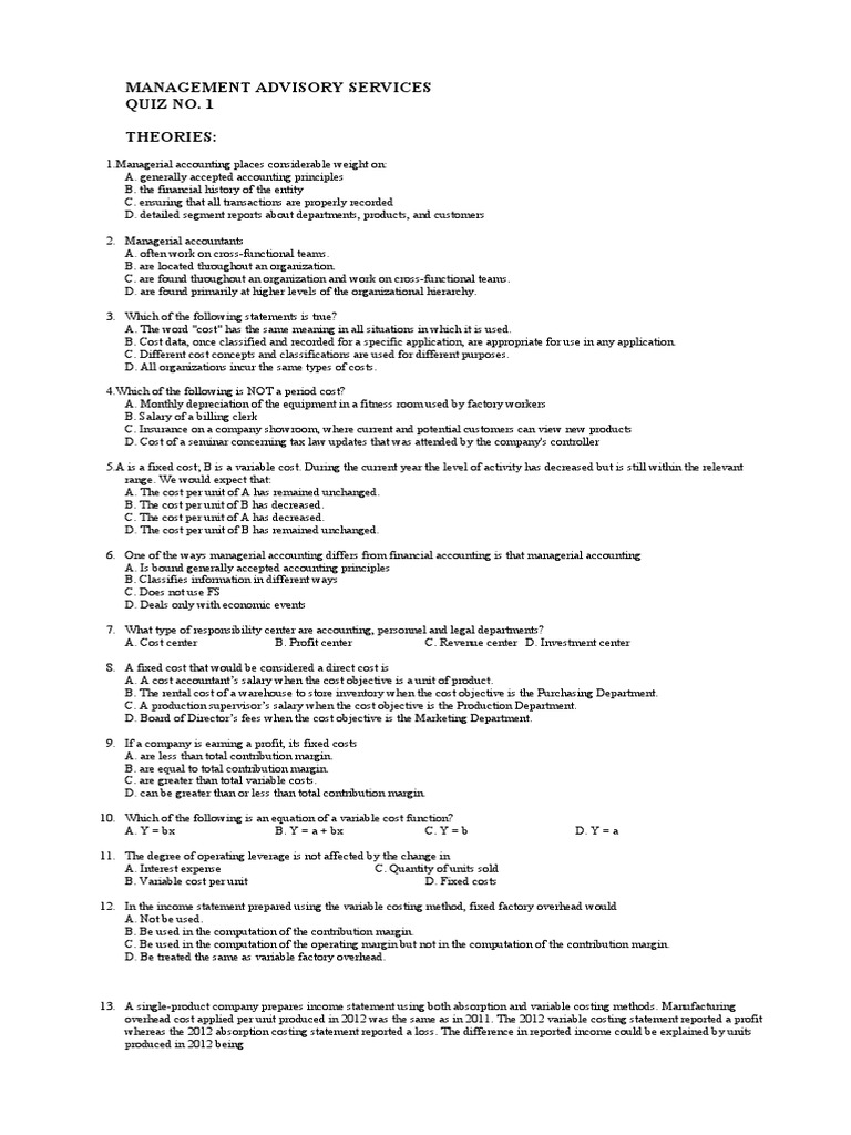 Management Advisory Services Quiz No. 1 Theories | PDF | Business