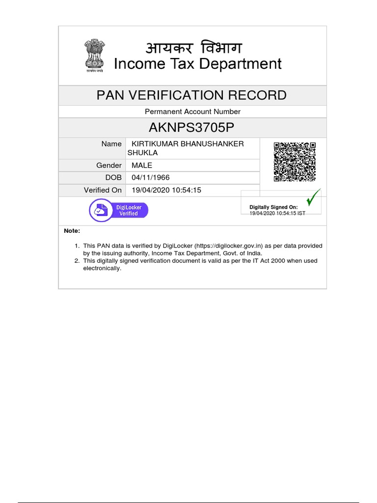 Pan Verification Record AKNPS3705P: Permanent Account Number | PDF