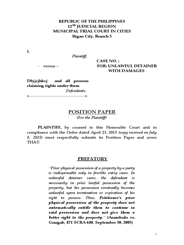 Position Paper: Plaintiff, Case No.: - Versus - For: Unlawful Detainer ...